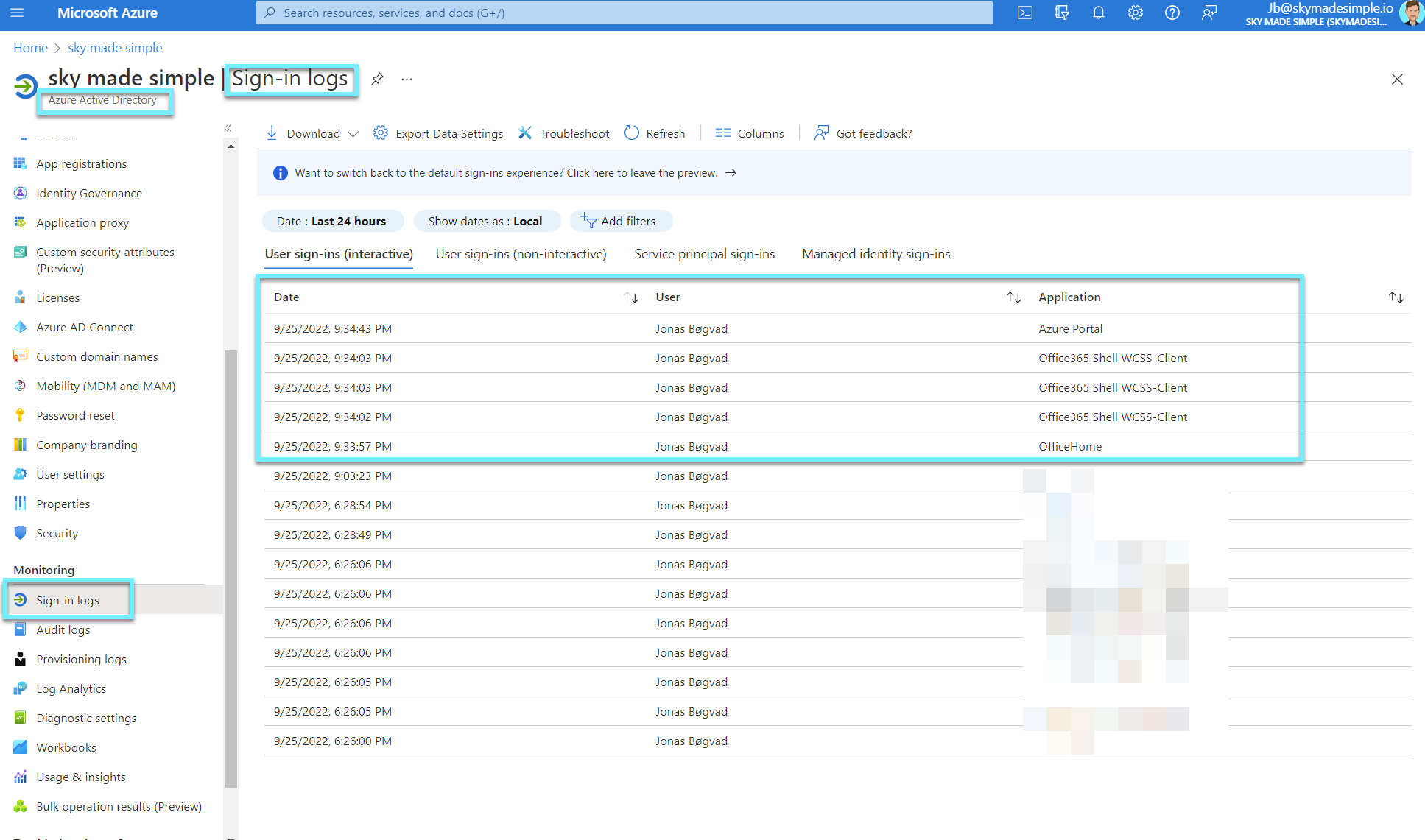 Examine the Sign-in logs