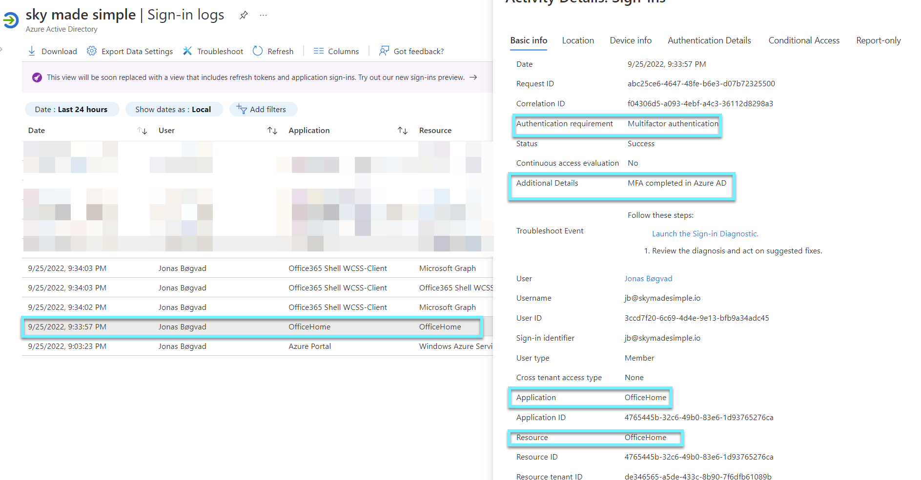 Examine the Sign-in logs